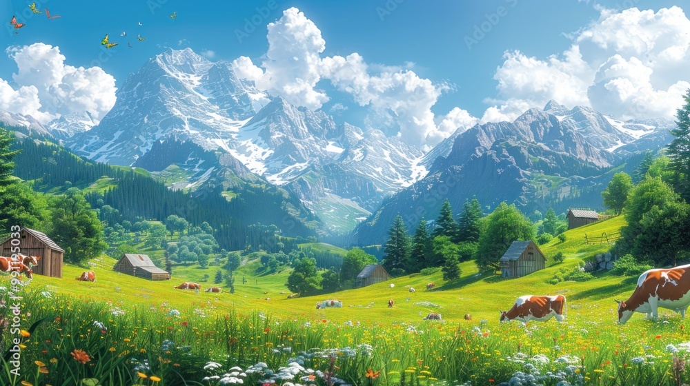 Cow pasture on farm field. Green grass meadow hill scene. Dairy animal ...