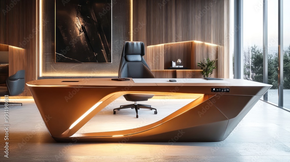 Elegant office desk with a unique angular design and integrated power ...