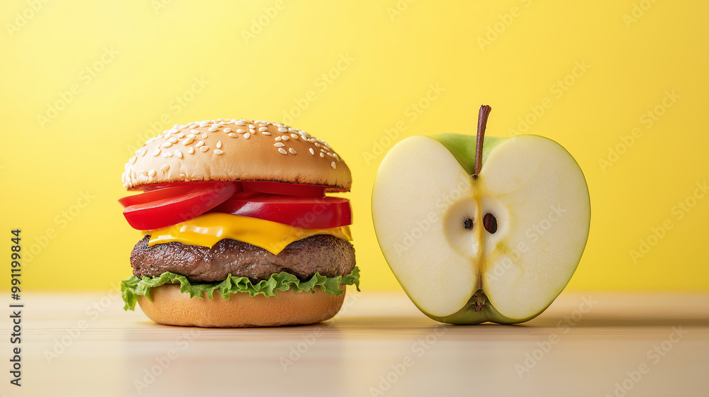 Image split in half, hamburger and apple. Healthy vs unhealthy food ...