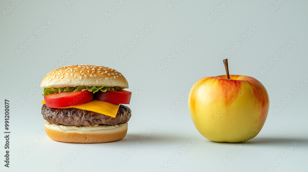 Image split in half, hamburger and apple. Healthy vs unhealthy food ...