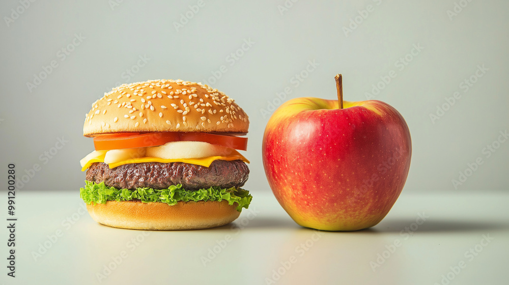 Image split in half, hamburger and apple. Healthy vs unhealthy food ...
