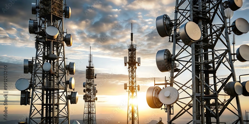 Telecommunication Towers at Sunset: Connecting the World Stock Photo ...