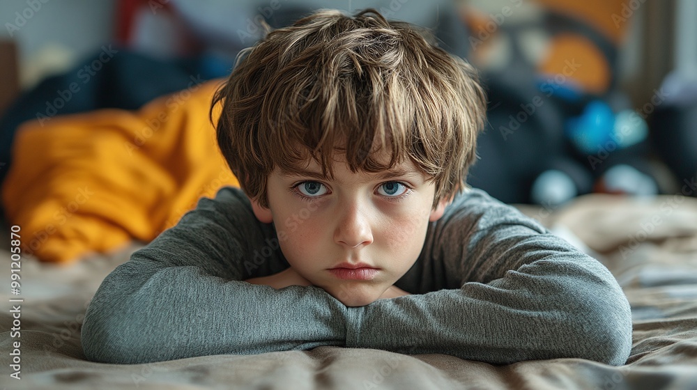 rebellious child demanding attention in a disorderly bedroom, chaotic ...