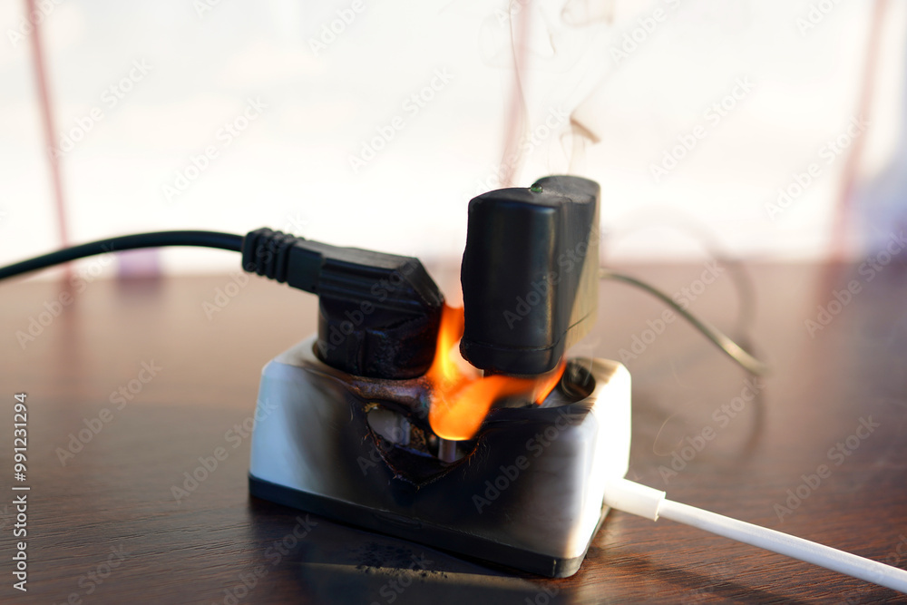 Electrical Short Circuit. Fire socket of electricity plug switch ...