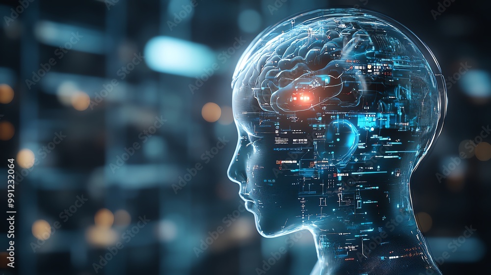 Futuristic AI technology with human brain interface. Digital innovation ...