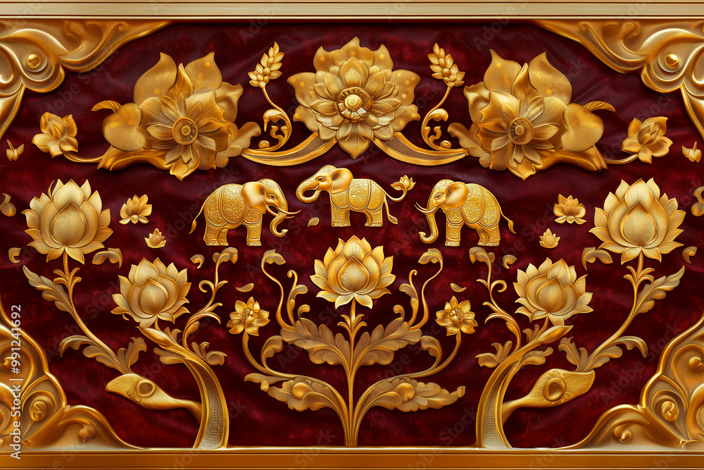 Thai silk pattern with golden lotus flowers, intricate swirls, and ...