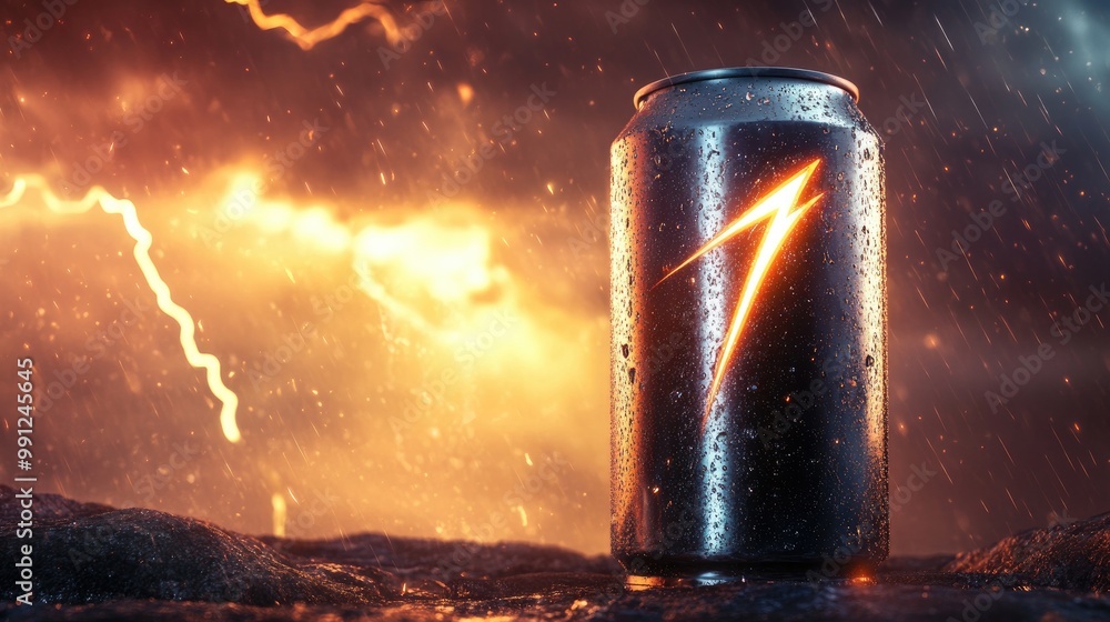 Aluminum can of energy drink with flashes of lightning, representing ...