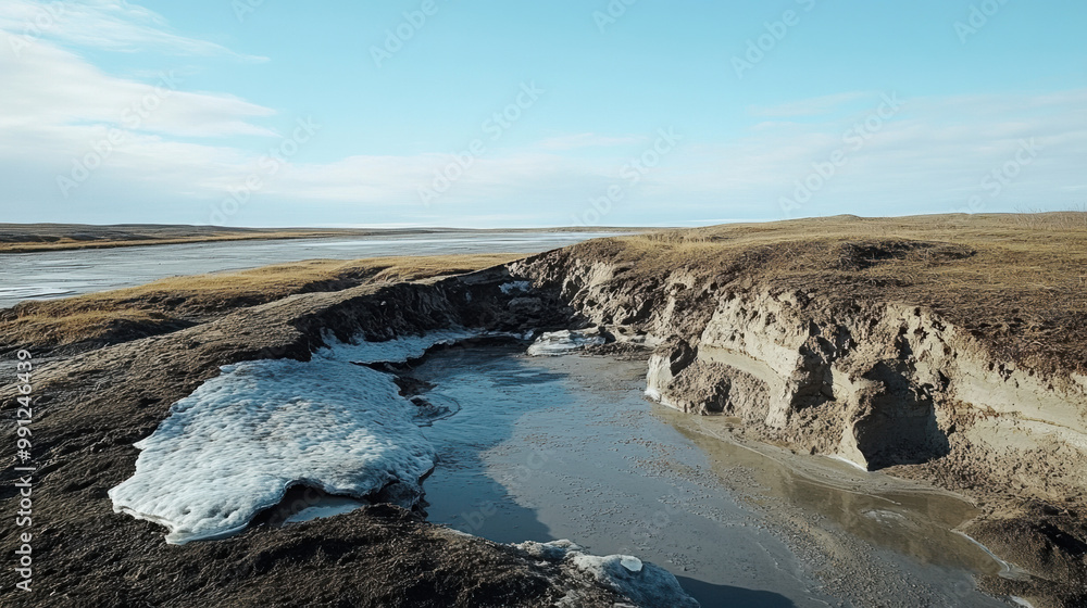 Melting permafrost in Siberia reveals eroded land and water, showcasing ...