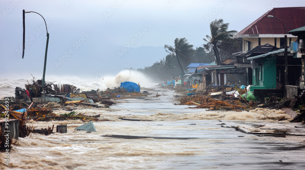 image depicts coastal area severely affected by typhoon, showcasing ...
