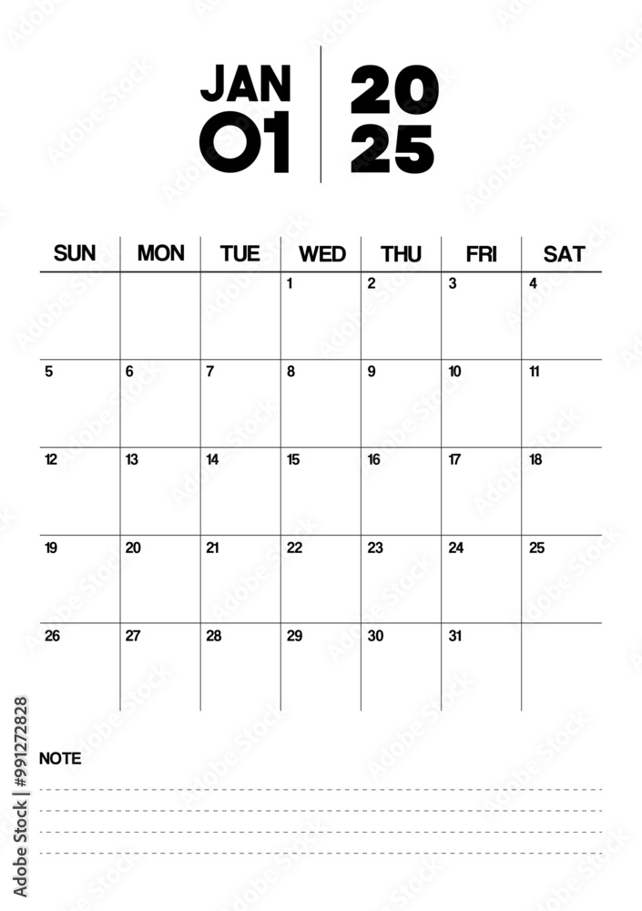 Printable Monthly Calendar Template for January 2025. Minimalist Style ...