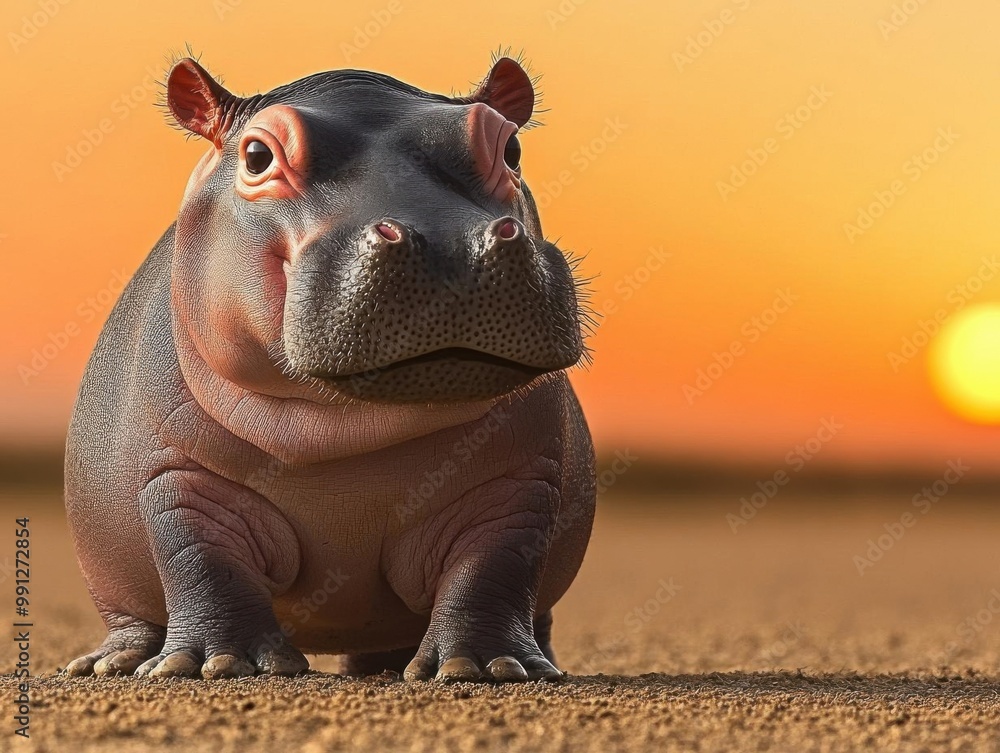 Baby hippo exploring the wild under a sunset, adorable hippo, innocent ...