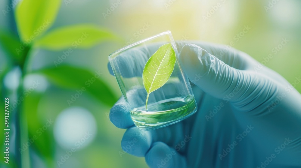 Scientist studying leaf for photosynthesis in lab Gloved hand holding a ...