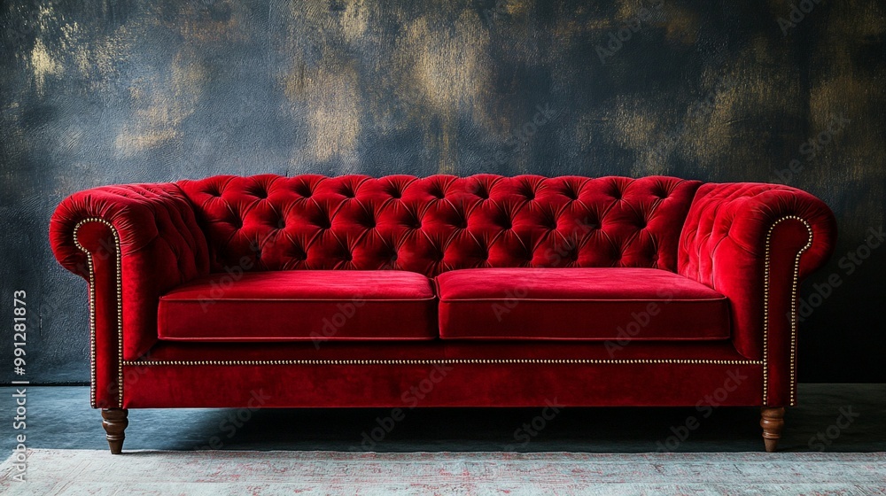 Luxurious red velvet Chesterfield sofa with deep button tufting and ...
