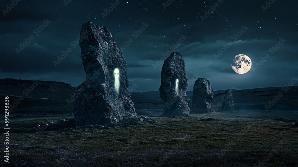 Glowing stone monoliths stand tall in a grassy field under a full moon ...