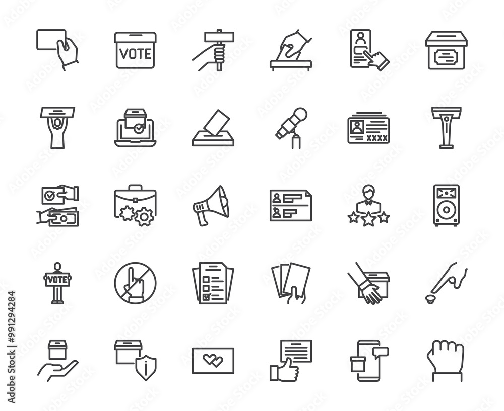 Simple outline icon set of government election voting related things ...