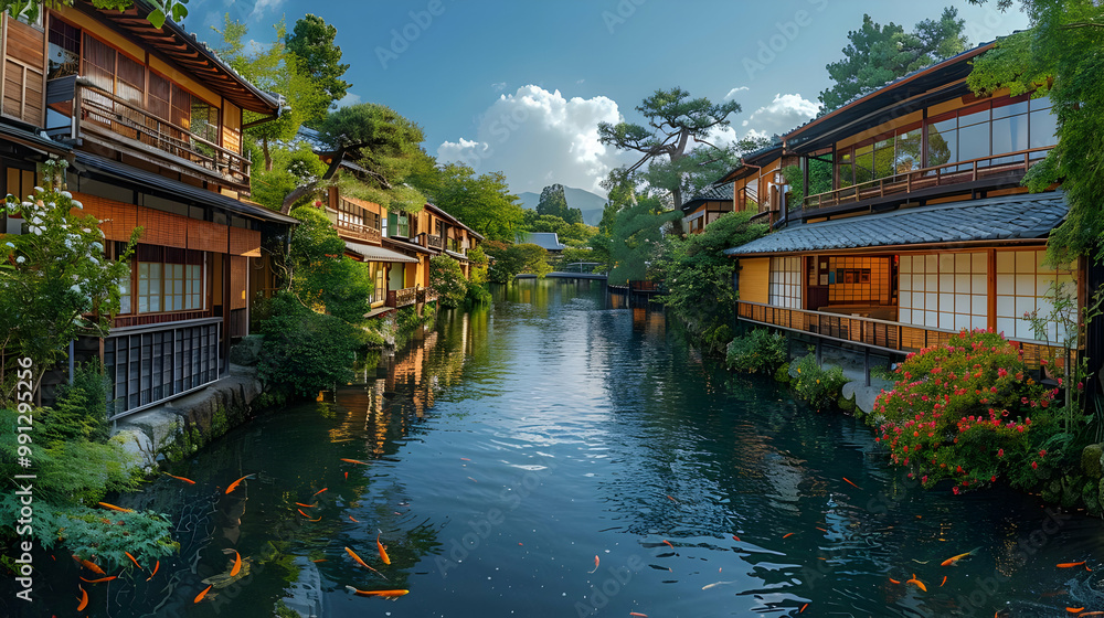 Traditional Japanese Architecture with a Canal and Koi Fish - Realistic ...