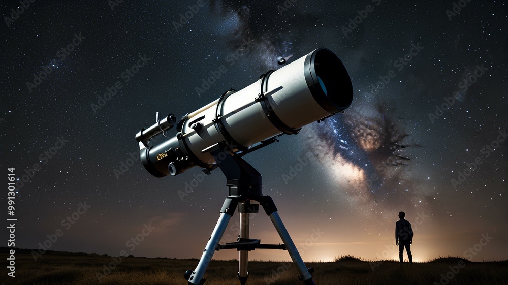Powerful telescope set up in an open field with an astronomer looking ...