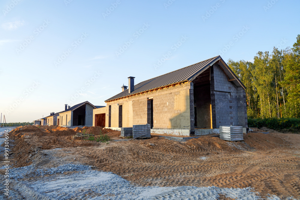 Barn House construction. Barnhouse building in forest. Modern Family ...