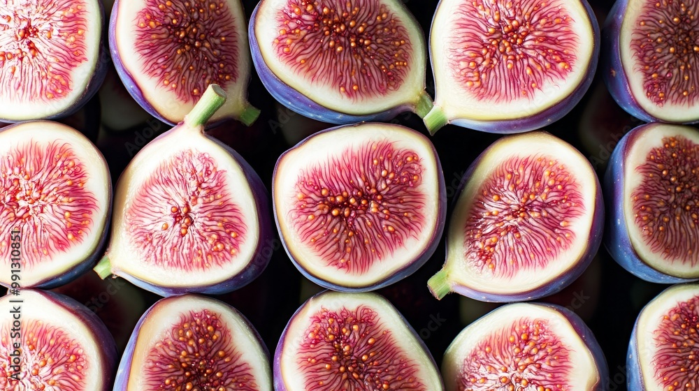Rows of perfectly aligned halved figs, the deep purple skins and pink ...