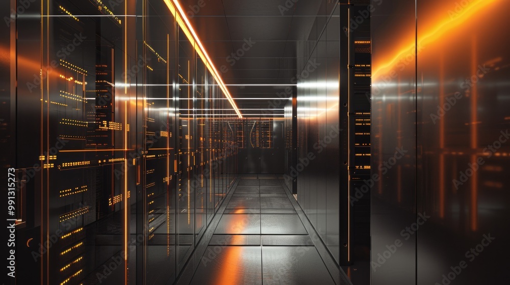 Modern Numbers. Interior Design of Data Center Server Room at Night ...