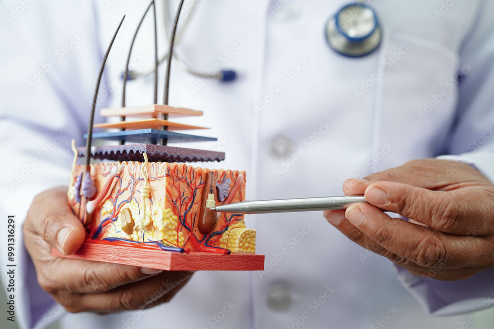 Hair transplant, Asian dermatologist doctor holding skin structure ...