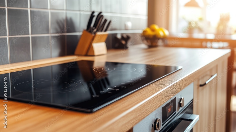 Modern induction stove, glass-ceramic hob, and oven in a stylish wooden ...