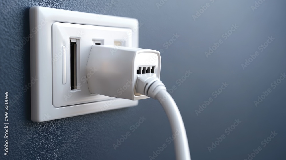 A close-up of a white electrical plug being inserted into a wall socket ...