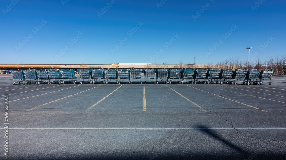 A group of shopping carts in the supermarket parking lot, organized in ...