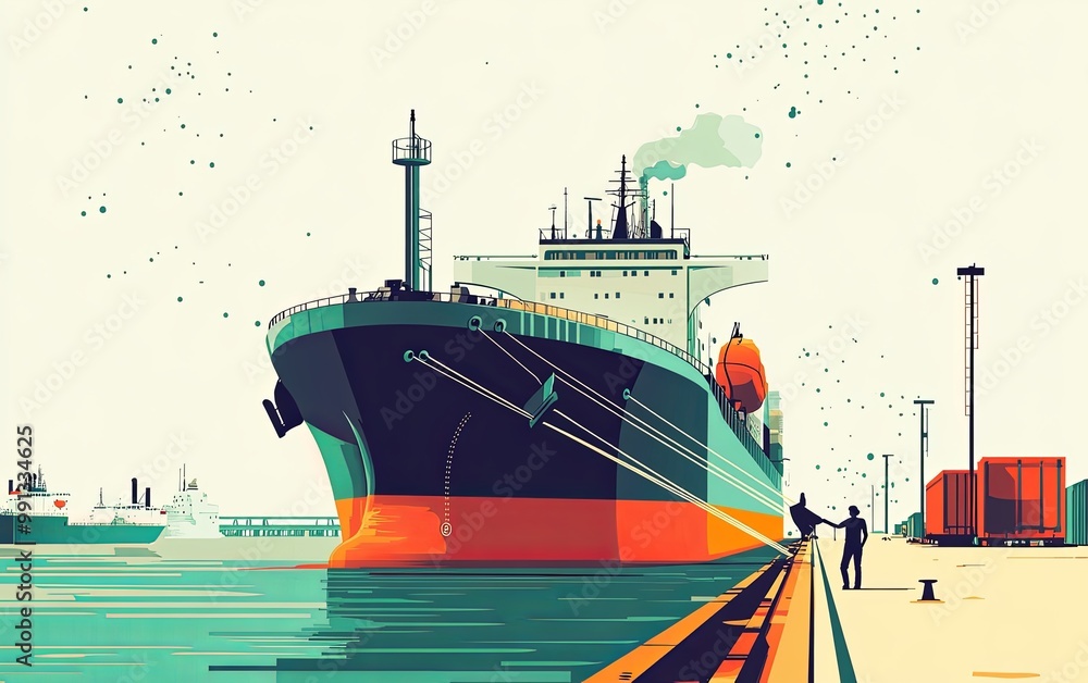A large cargo ship docked at a port, with workers overseeing loading ...