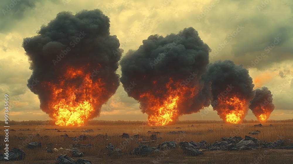 Landfill Methane Emissions: An illustration depicting gas flares rising ...