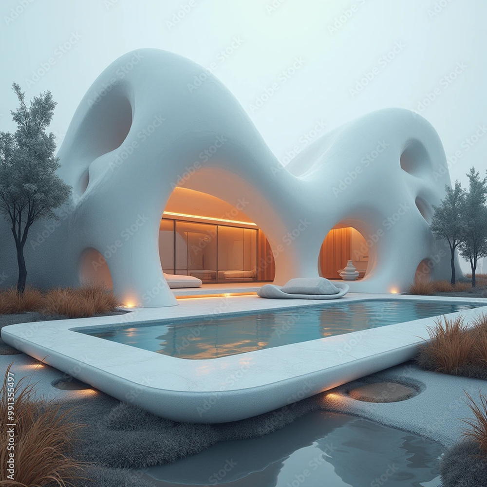 Highly detailed cinematic 3D render of a futuristic architectural villa ...
