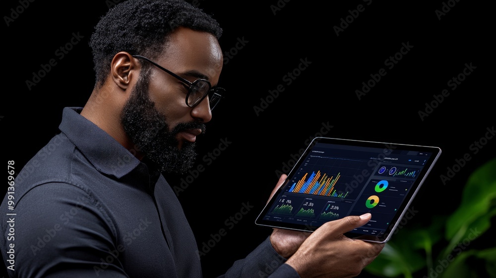 Data Driven Decisions: A focused and serious businessman studies a data ...