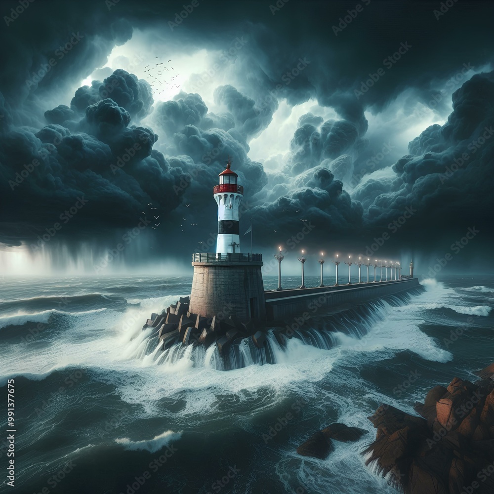 lighthouse in the stormy sea with big waves and dark sky. lighthouses ...