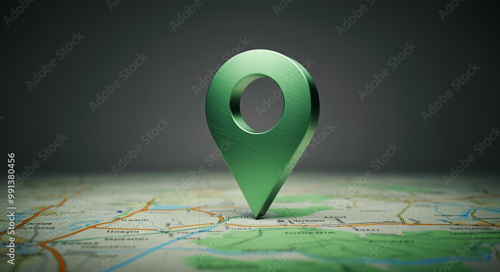 Map pin on a detailed map location with navigation symbol and ...