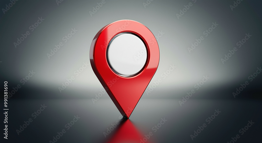 Location pin and map marker with glossy finish on reflective surface ...
