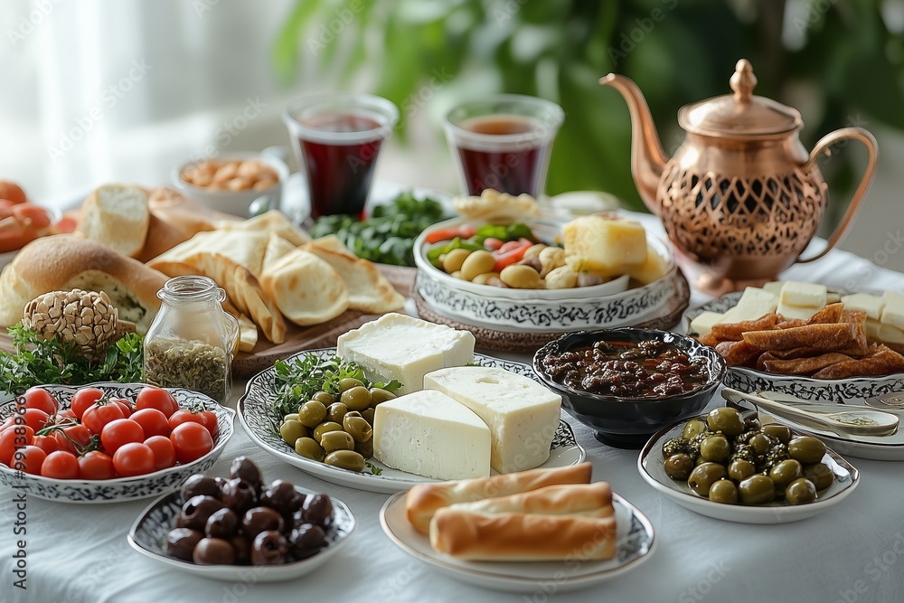 Traditional Turkish Kahvaltı Breakfast Spread on a Clean White Linen ...