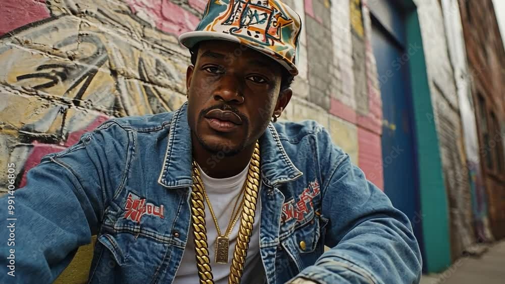 1980s hip-hop artist posing in front of a mural, wearing a hat, gold ...