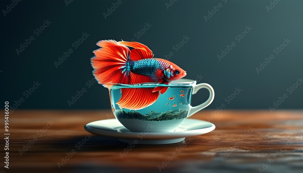 Surreal depiction of a vibrant betta fish swimming in a coffee cup ...