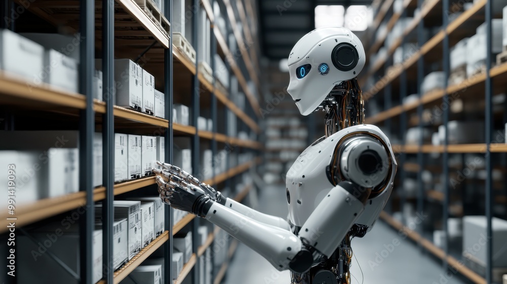 A robot organizing shelves in a fully automated warehouse, showcasing ...