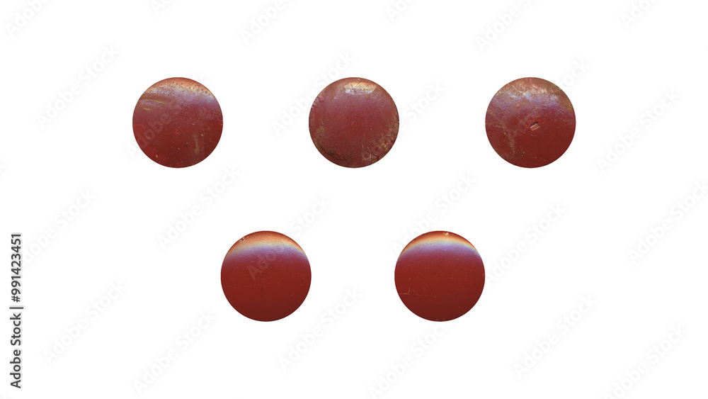 a set of red aged circles, rusty stationery tacks in png format, front ...