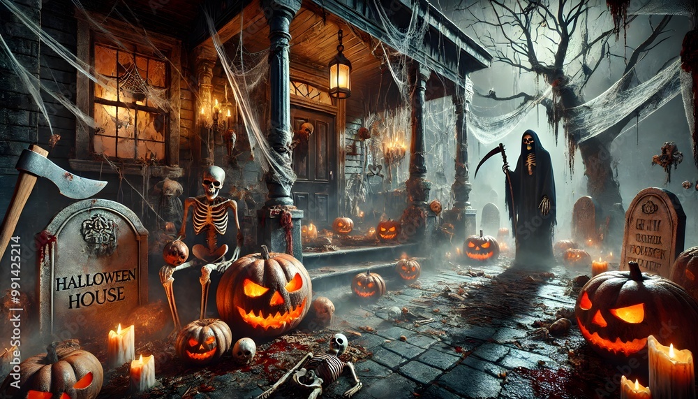 Halloween horror scene. A rotting house is eerily lined with evil ...