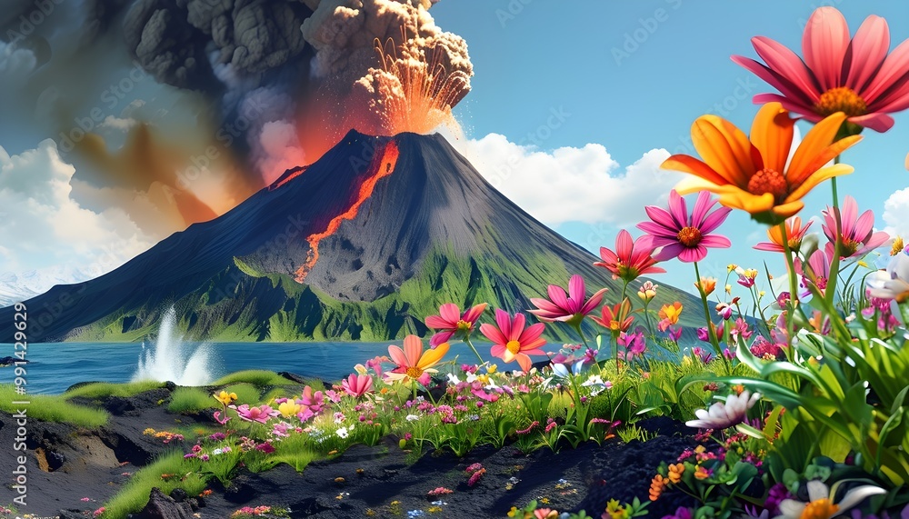 Vibrant flowers thriving amidst the eruption of a volcano, showcasing ...