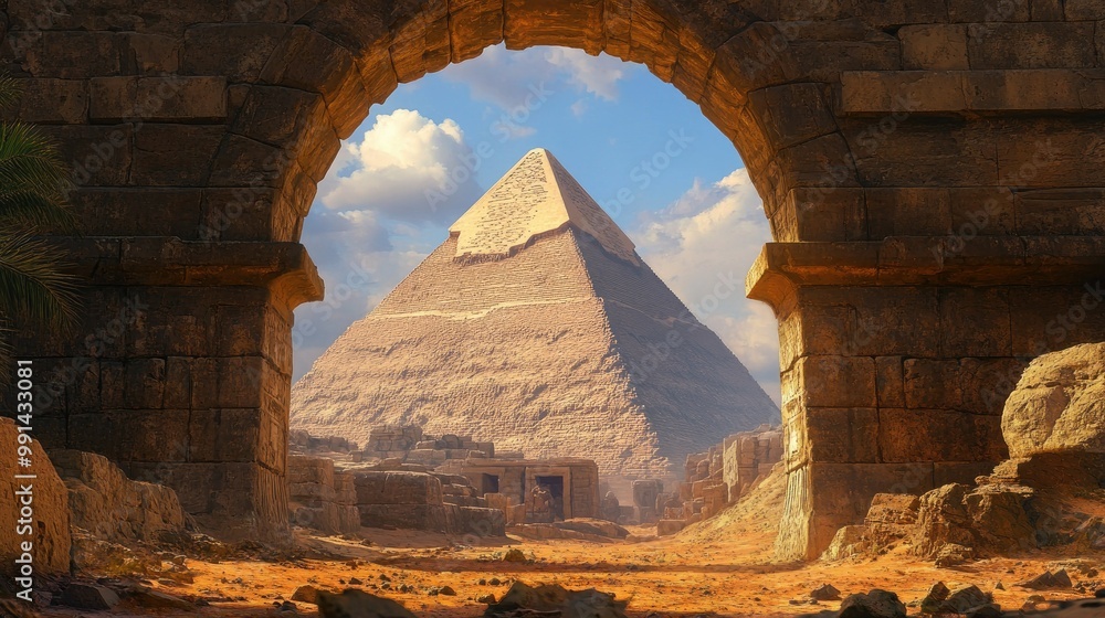 The Great Pyramid framed by the archway of an ancient stone ruin ...