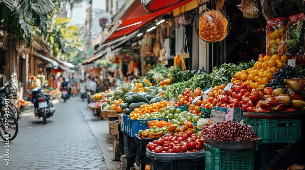 Bustling street market with local vendors and colorful produce Stock ...