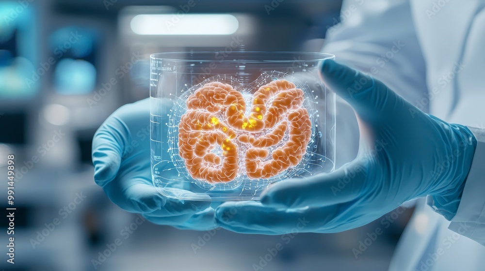 A futuristic portrayal of gut health, with gloved hands holding a 3D ...