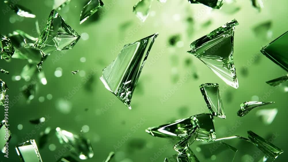 Shards of glass are flying and falling through the air on a green ...