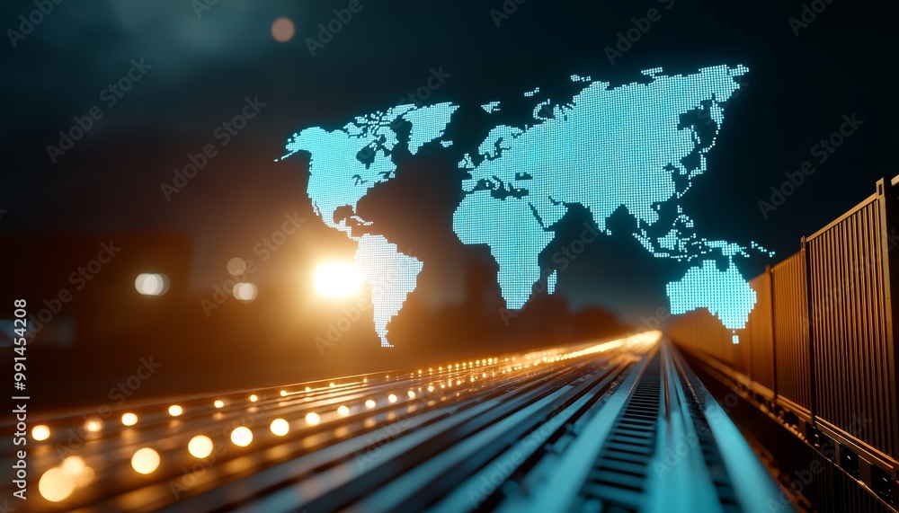 A shipping terminal illuminated by a glowing world map, symbolizing the ...