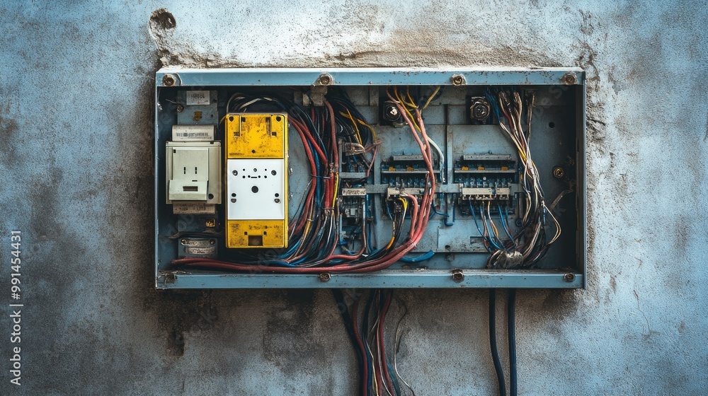 An electrical junction box with wires and a clean background offering ...