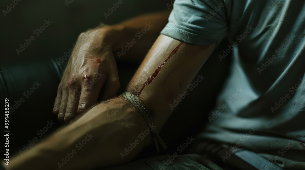 Desperate Addiction - Close-up of Arm with Track Marks and Tourniquet ...