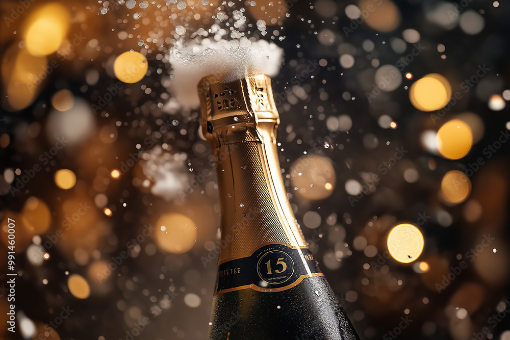 An opened bottle of champagne with bubbles bursting out of the bottle ...